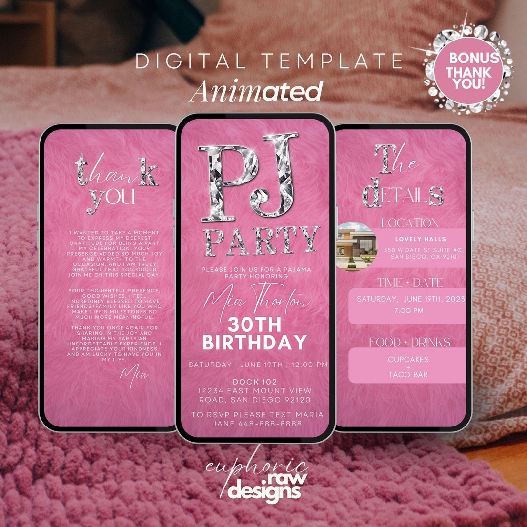 Glam Pajama Party Pink Adult Digital Invitation,pj Party Animated ...
