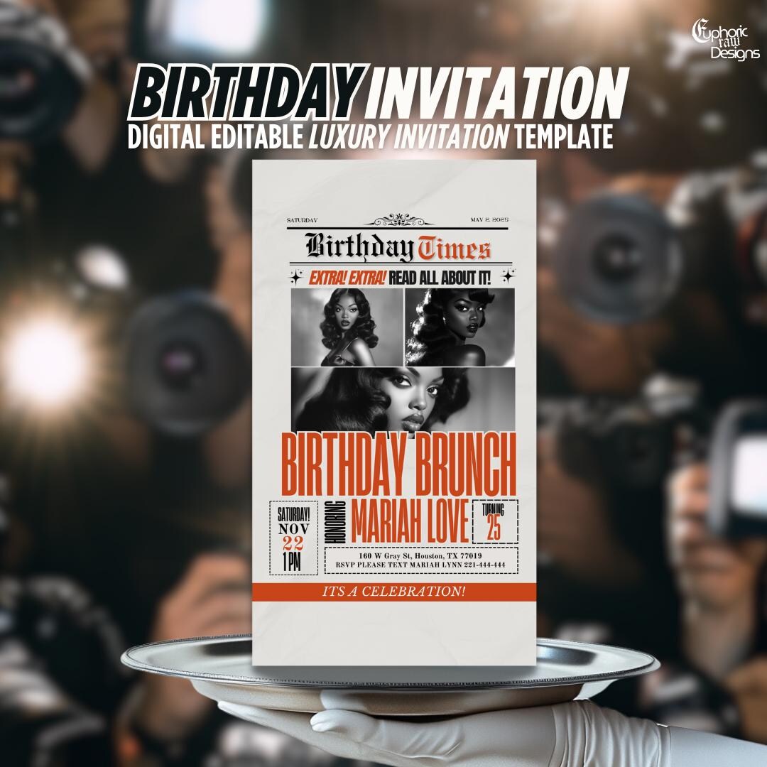 Newspaper Birthday Brunch Invitation, Orange Digital Newspaper Template ...