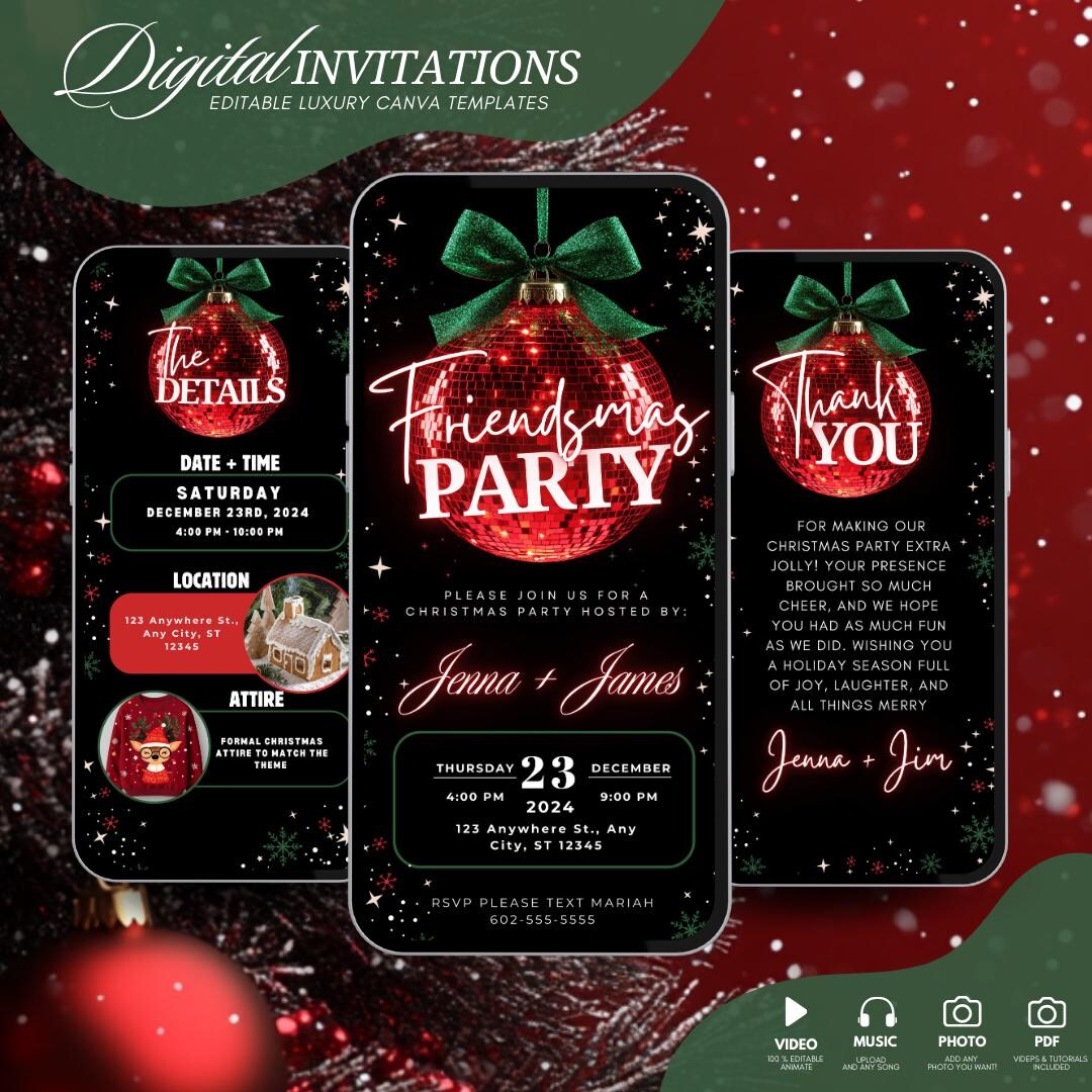 Personalized Friendsmas Party Invitation, Holiday Red Discoball ...
