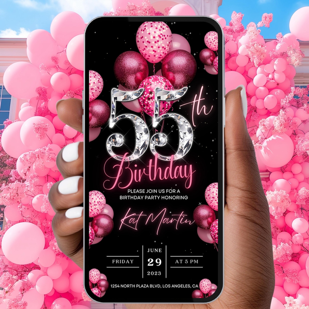 55th Birthday Invitation, Blush Pink Balloons Diamonds, Editable ...