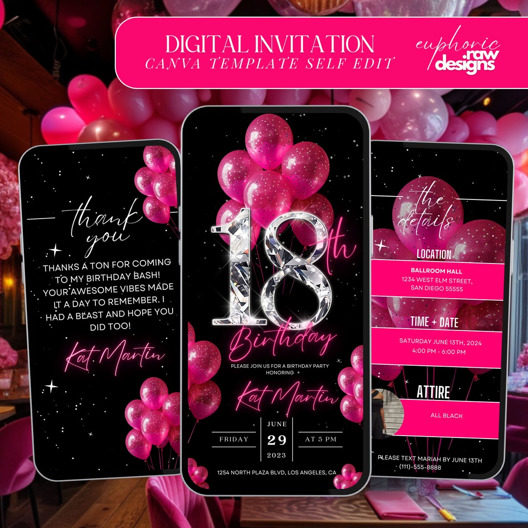 18th Birthday Party Invitation, Hot Pink Digital 18th Glam Dinner ...