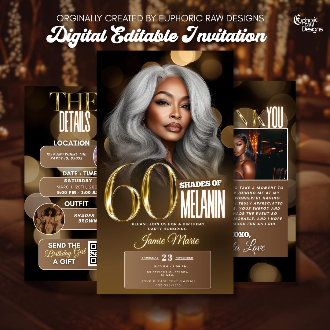 60 Shades of Melanin Birthday Dinner Invite Video, Brown and Gold Luxe ...