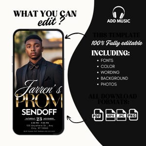 Black Gold Prom Send off Digital Invitation, Boys Editable Flyer ...