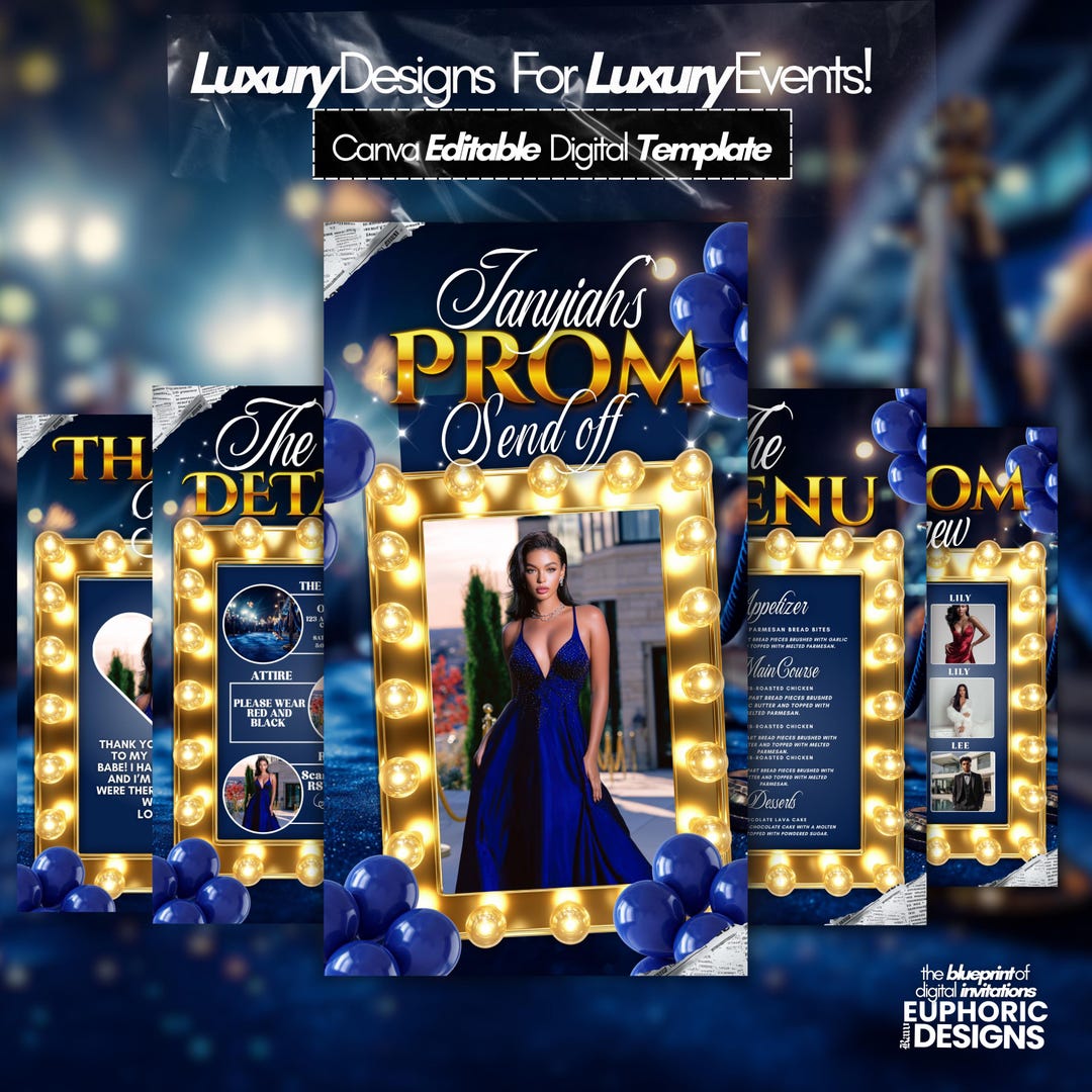 Girls Prom Invitation and Itinerary Luxury Bundle, Navy Blue Diamond ...