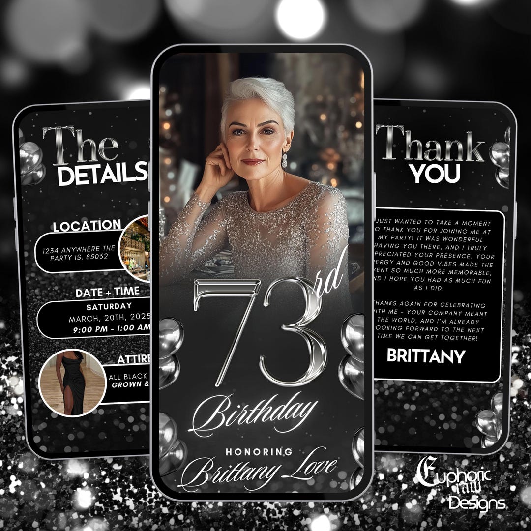 Digital 73rd Birthday Invitation, Animated Black & Silver Dinner Invite ...