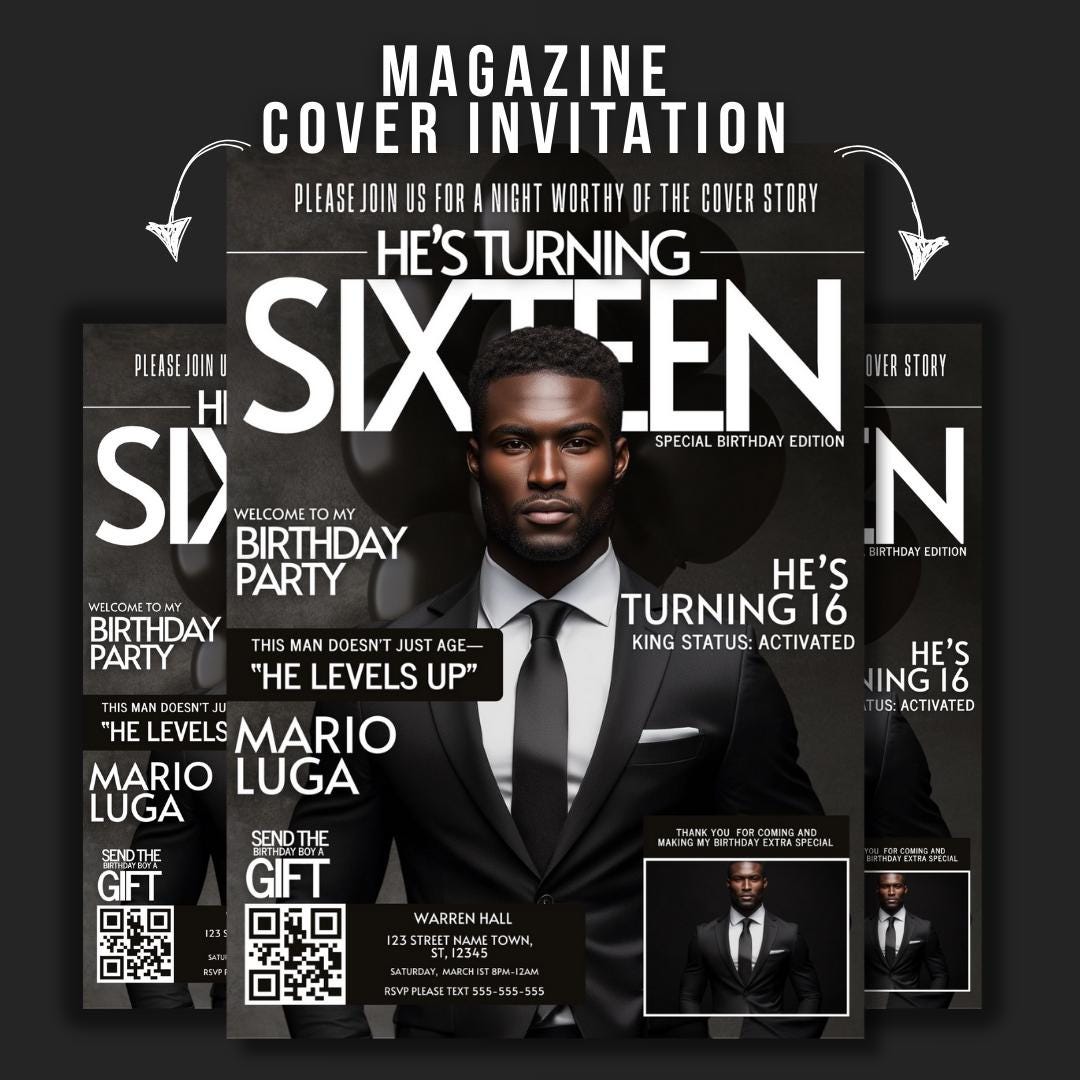 Digital 16th Birthday Magazine Invitation, Men Modern Party Flyer for ...