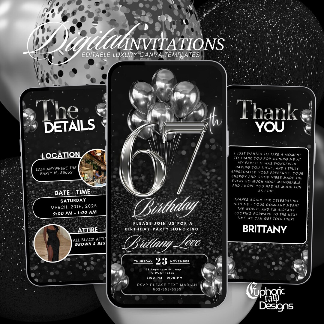 Digital 67th Birthday Party Invitation, Women Black Silver 67th Dinner ...