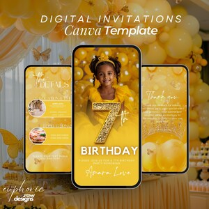 7th Birthday Party Invitation, Neon Gold and Glitter Template, Seventh ...