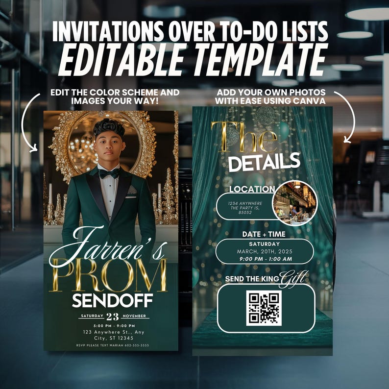 Green & Gold Prom Send off Invitation: Editable Template (digital ...
