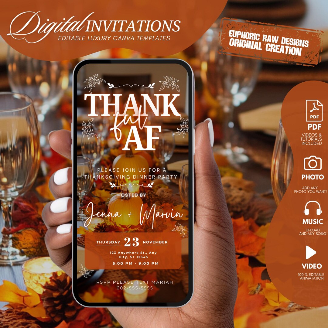 Digital Friendsgiving Dinner Invitation, Thankful AF Fall Pumpkin Party ...