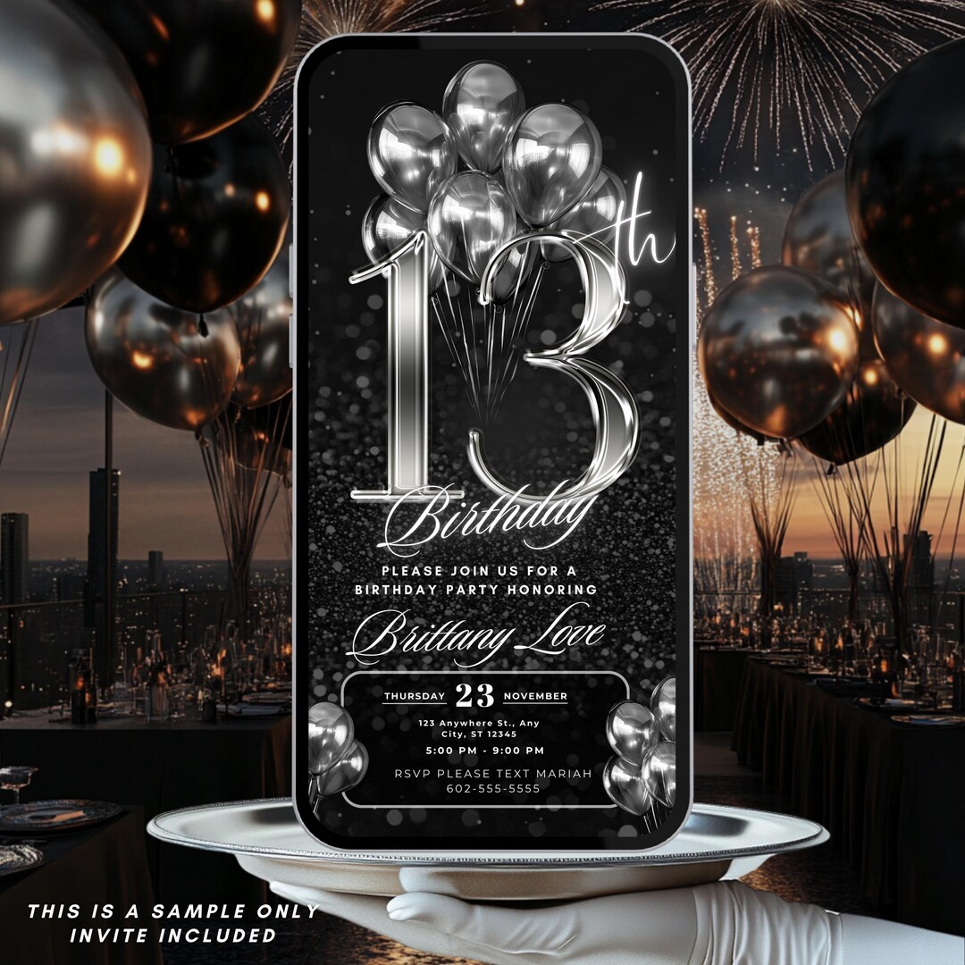 Digital 13th Birthday Party Invitation, Glam Black Silver 13th Dinner ...