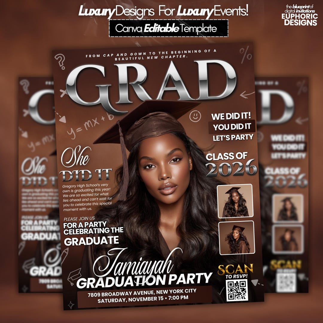 Editable Senior Graduation Invitation, Silver Girl Graduation Magazine ...