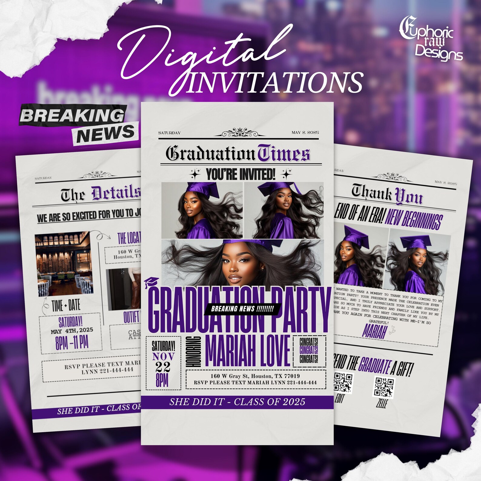 Purple Newspaper Graduation Party Invitation, Editable Digital Template ...