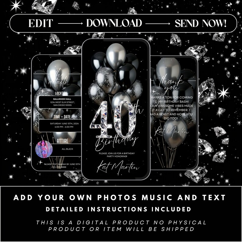 40th Birthday Party Invitation, Black Silver Digital 40th Glam Dinner ...