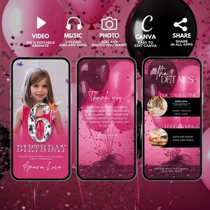 6th Birthday Party Invitation, Neon Pink and Glitter Template, Sixth ...