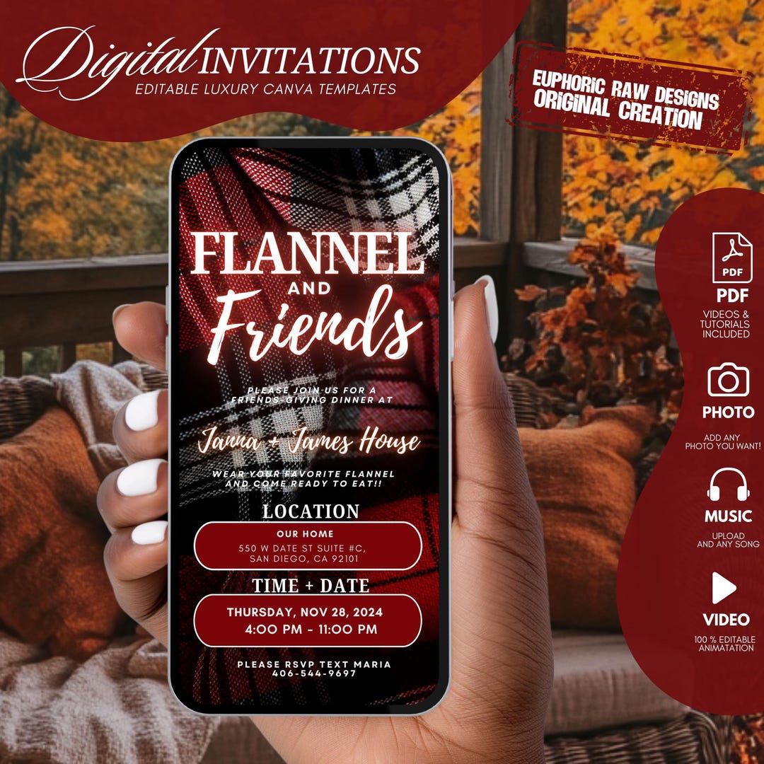 Digital Flannel Friends Thanksgiving Invitation, Cozy Friendsgiving ...