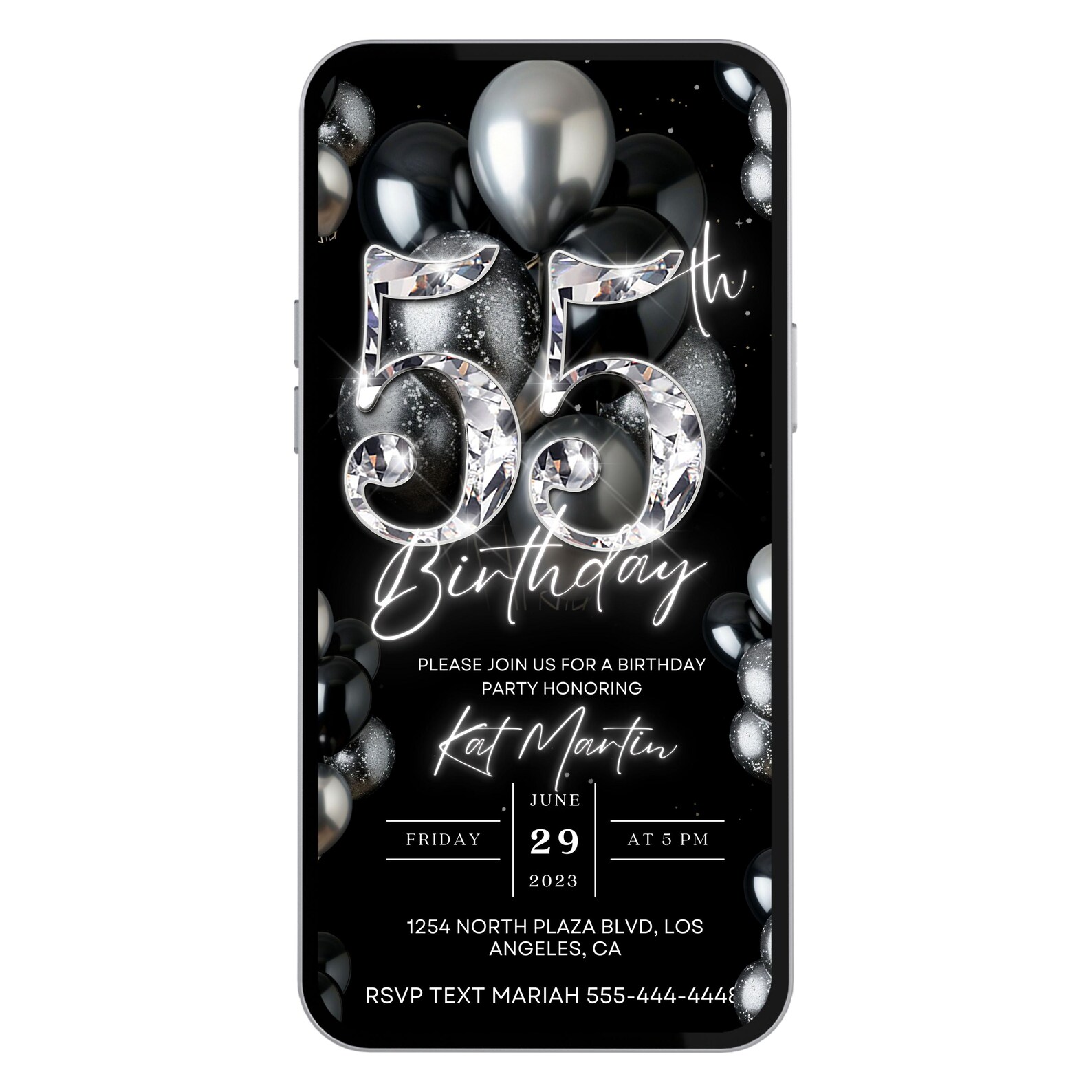 55th Birthday Invitation, Black Silver Balloons Diamonds, Editable ...