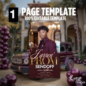 Prom Send off Digital Invitation, Maroon Gold Boys Editable Flyer ...