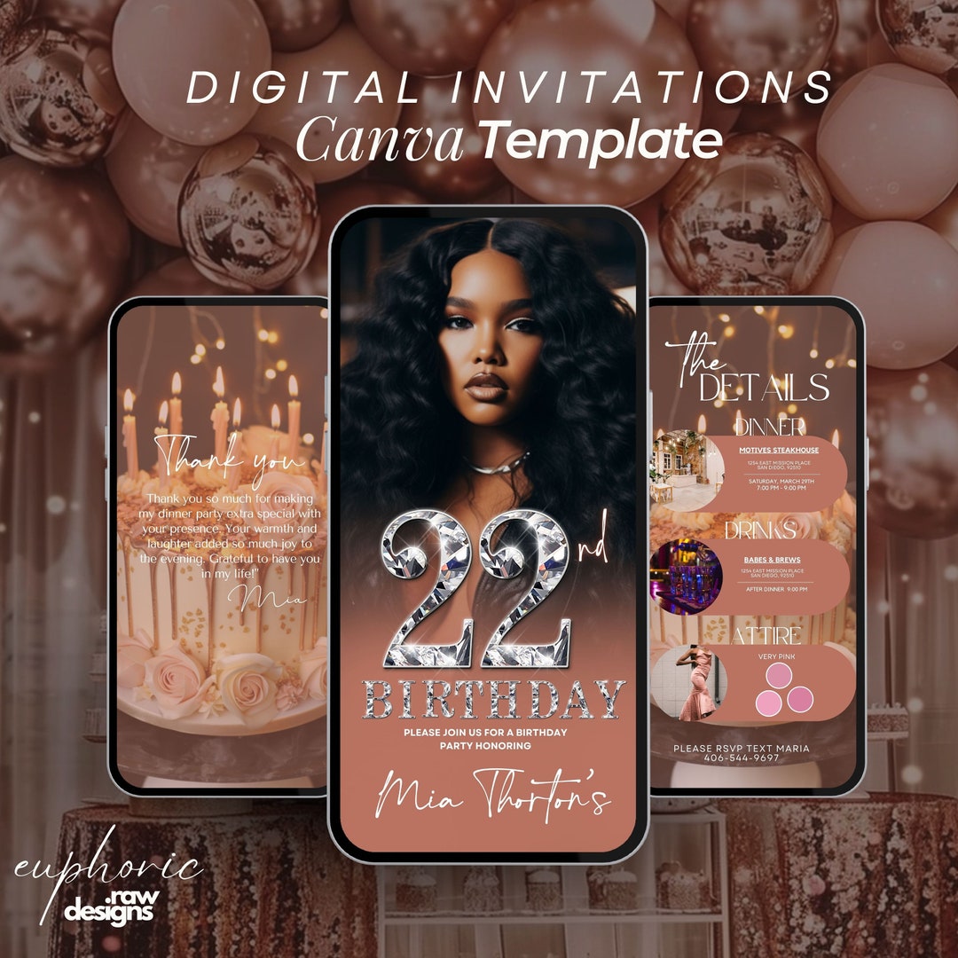22nd Birthday Invitation Editable Neon Rose Gold , Animated Invite for ...