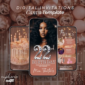 22nd Birthday Invitation Editable Neon Rose Gold , Animated Invite for ...