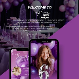 6th Birthday Party Invitation, Neon Purple and Glitter Template, Sixth ...