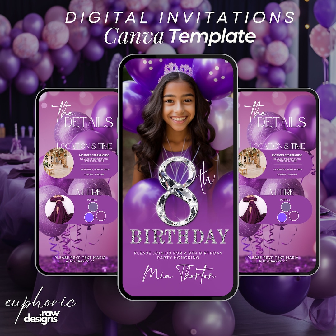 8th Birthday Party Invitation, Neon Purple and Glitter Template, Girl Party Birthday, Milestone ...
