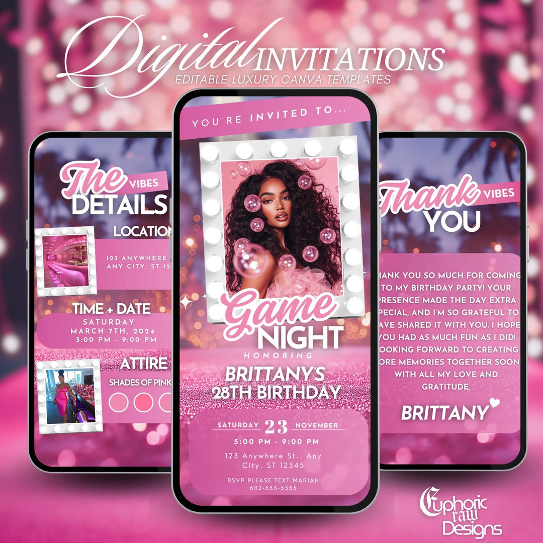 Digital Game Night Birthday Invitation, Pink Editable Sleepover Evite ...