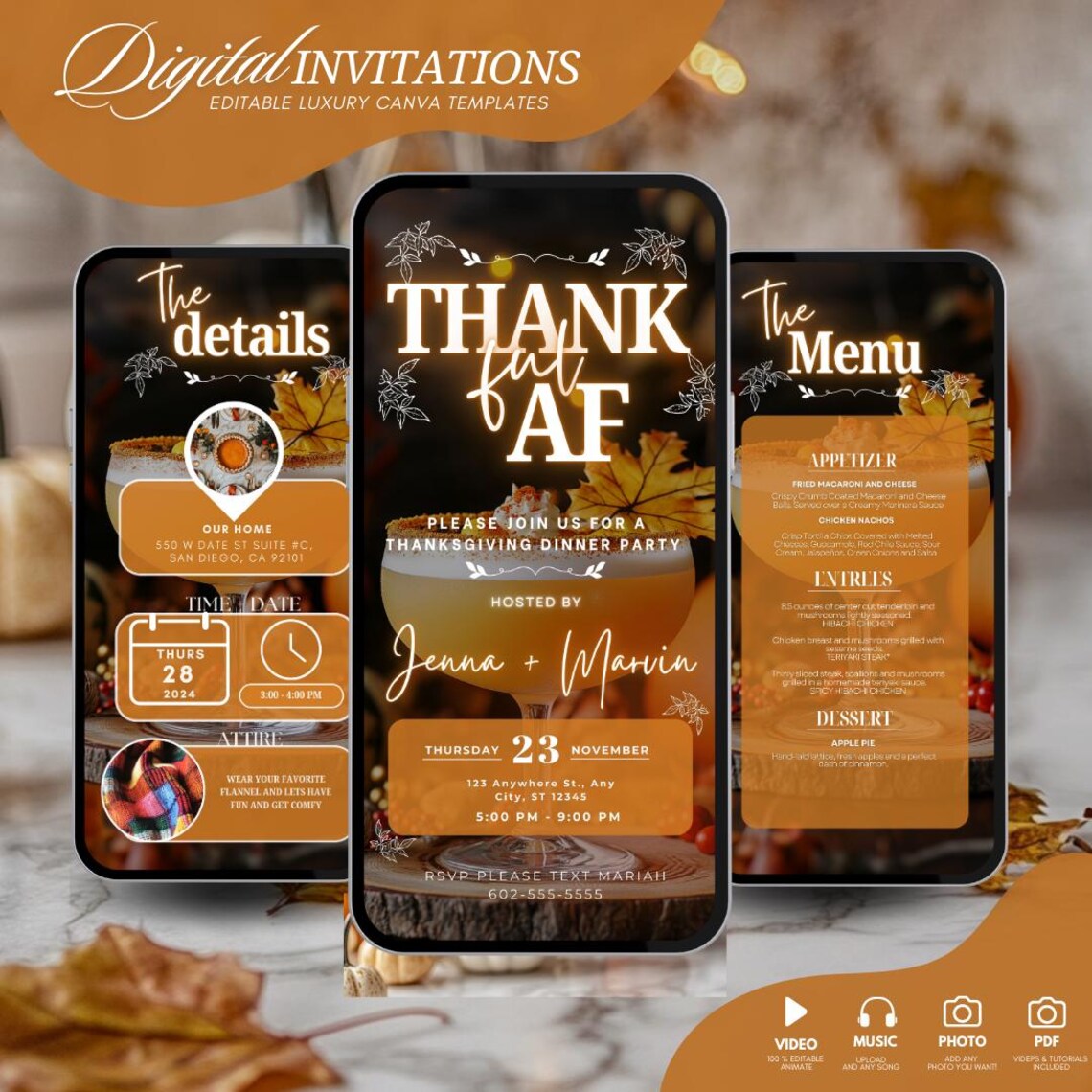 Digital Friendsgiving Dinner Invitation, Thankful AF Fall Pumpkin Party ...