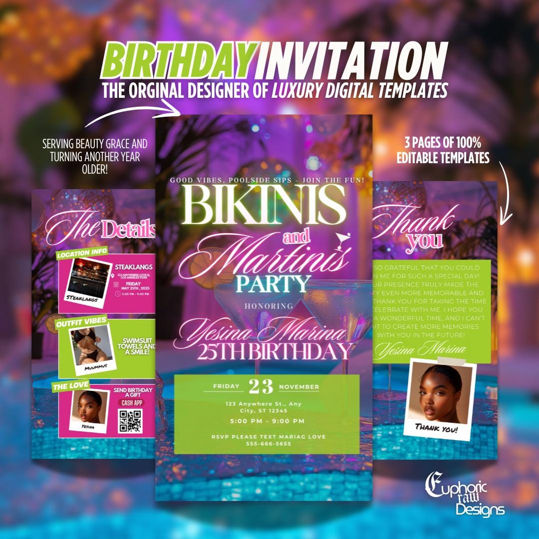 Digital Bikinis & Martinis Invitation, Birthday Pool Party, Beach Bash ...