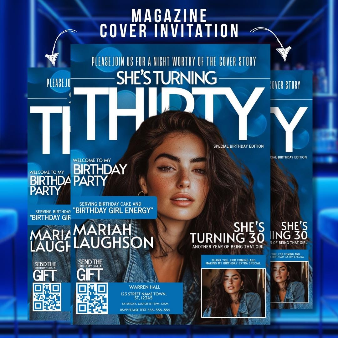 Blue 30th Birthday Magazine Invitation, Glam Birthday Party Flyer ...