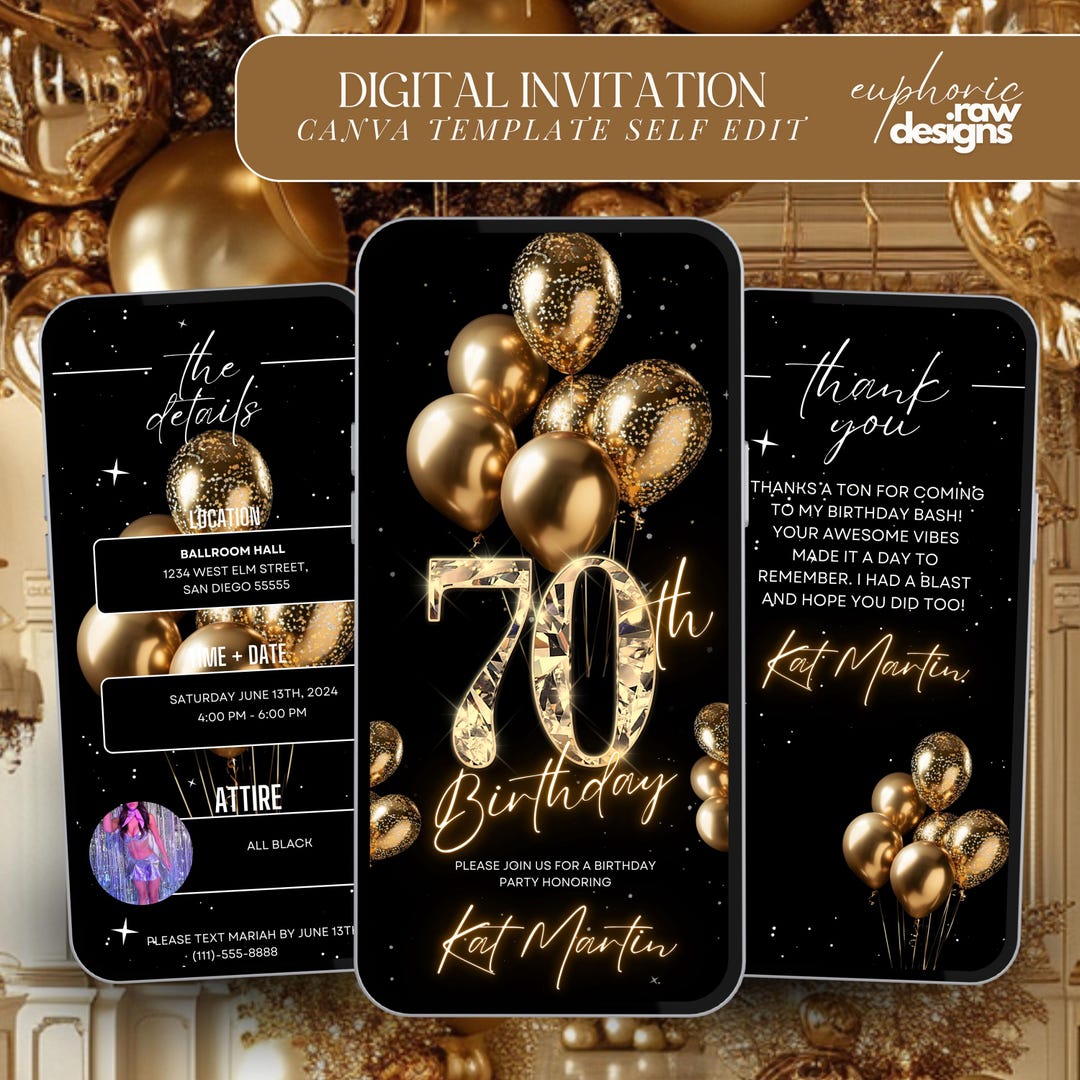 70th Birthday Party Invitation, Gold Black Balloons, Glam Dinner ...