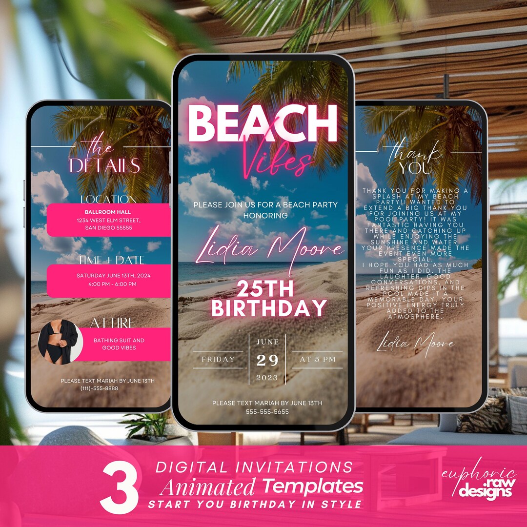 Beach Birthday Party Invitation, Digital Summer Vibes, Beach Bonfire ...