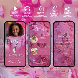 7th Birthday Party Invitation, Neon Pink and Glitter Template, Seventh ...