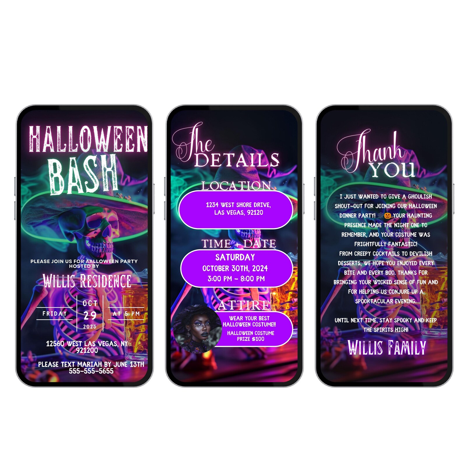 Neon Digital Halloween Party Invitation, Halloween Bash Birthday Party ...
