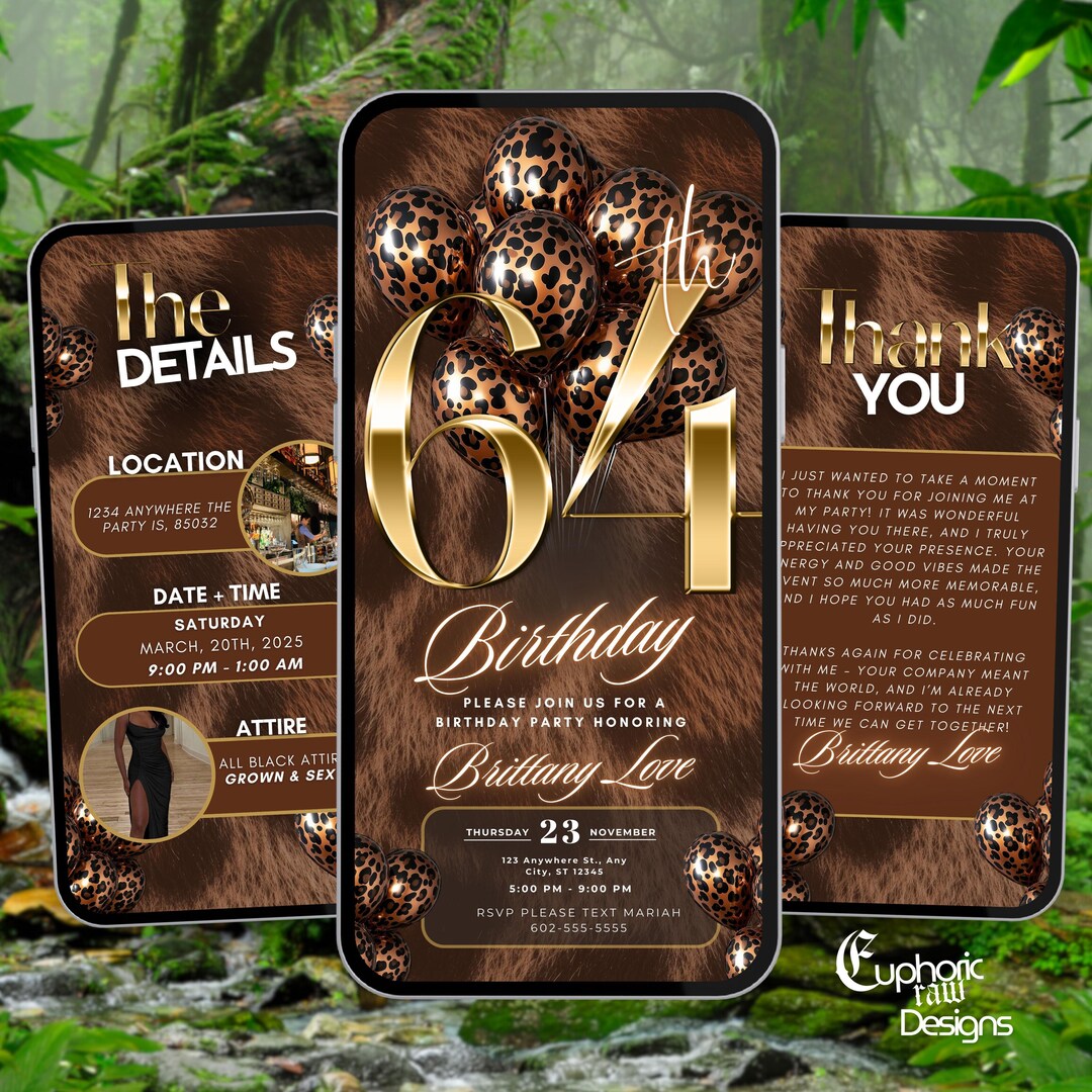 64th Birthday Party Invitation, Leopard Editable Digital Birthday Girl ...