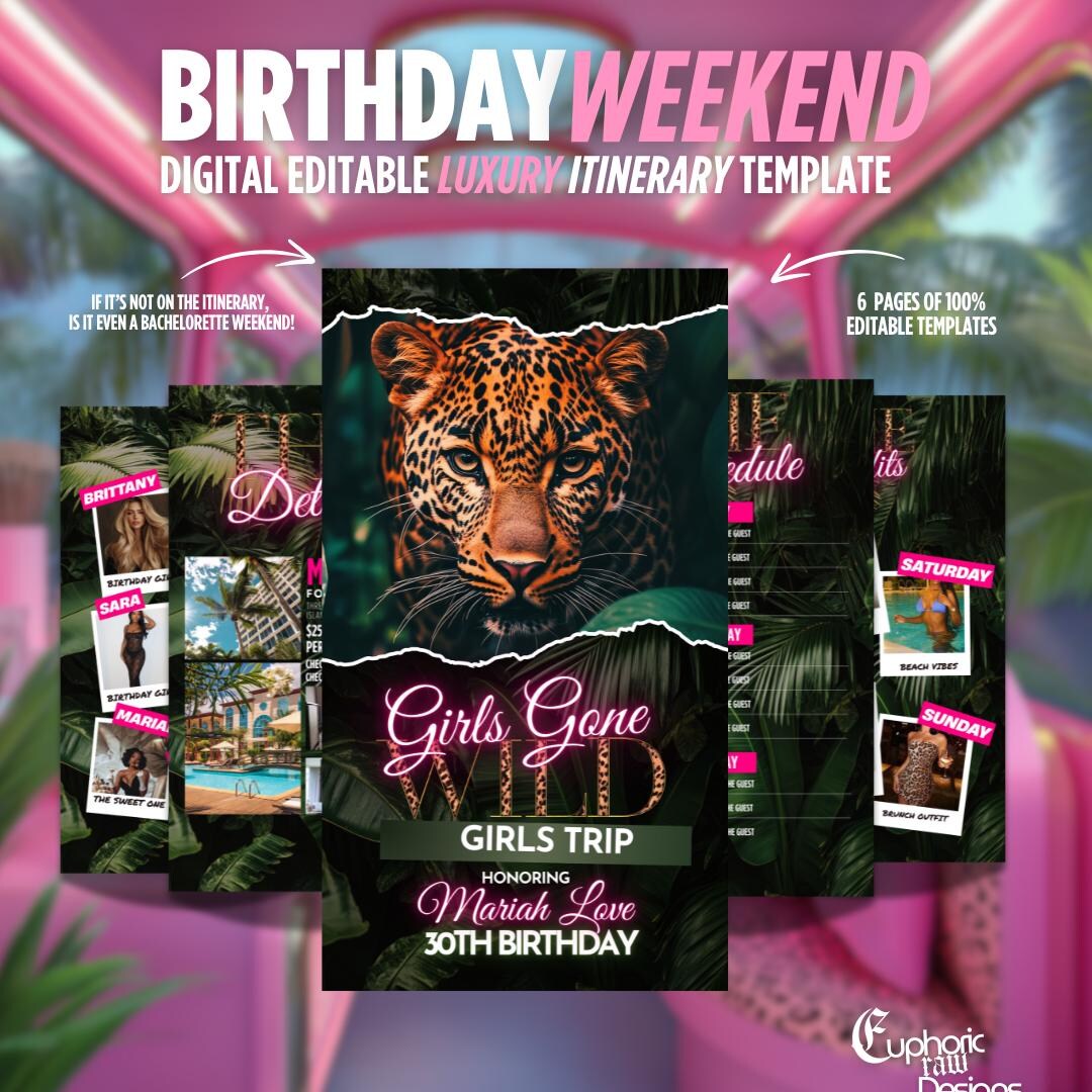 Digital Birthday Girls Weekend Invitation, Leopard Print Beach Travel ...