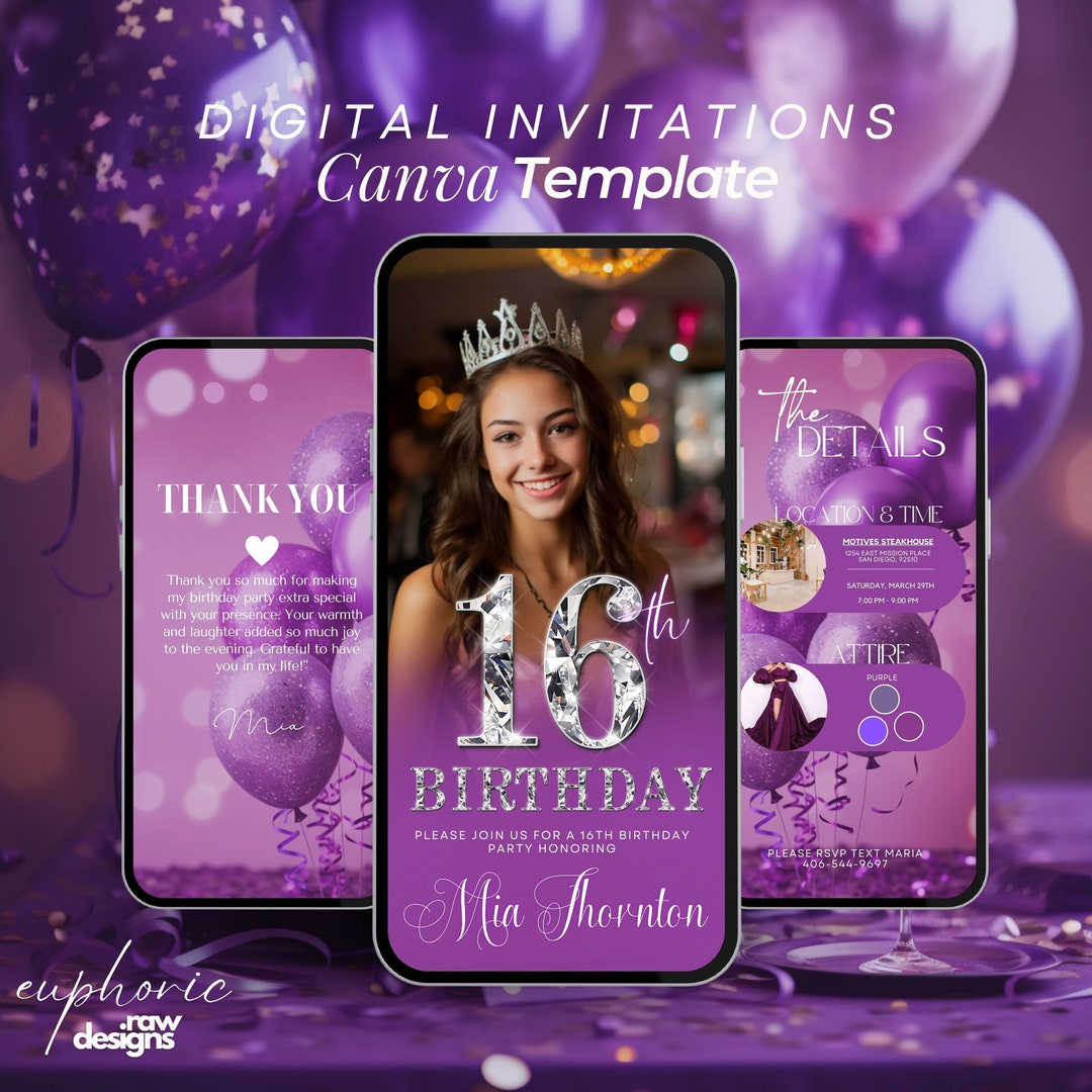 16th Birthday Invitation,sweet Sixteen, Sms Invitation, Neon Purple ...