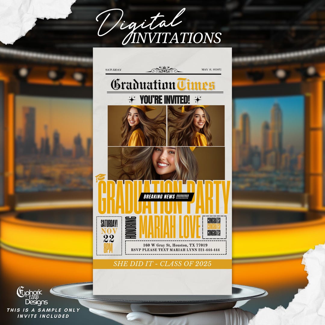 Gold Newspaper Graduation Party Invitation, Editable Digital Template ...