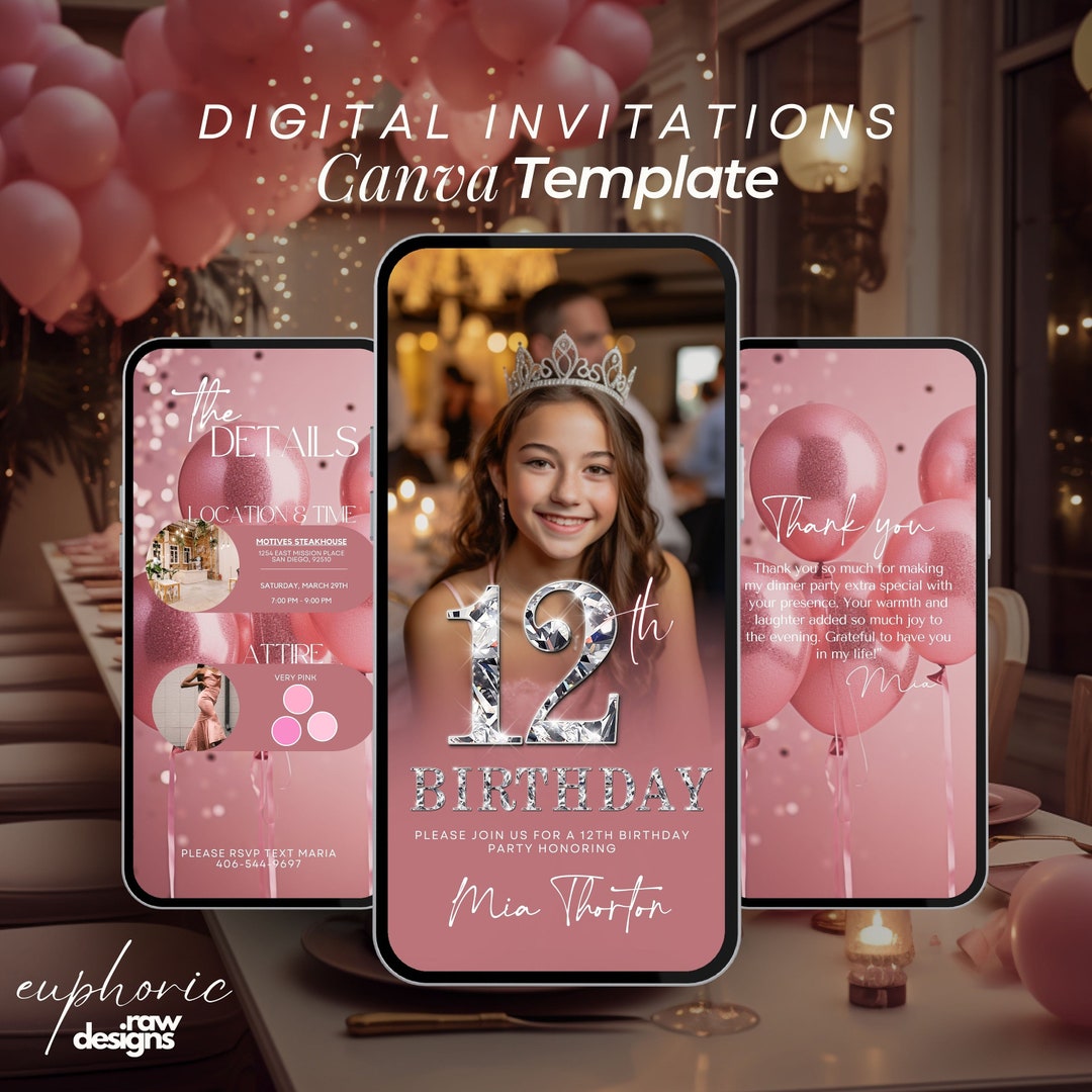 12th Birthday Invitation, Pink Neon, Princess, Girl Electronic Invite ...