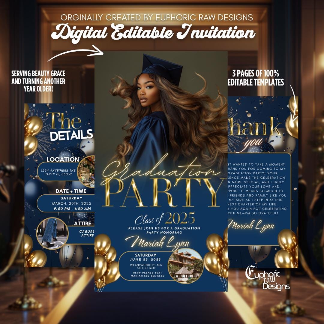 Graduation Navy Party Invitation, Class of 2025 Digital Grad ...