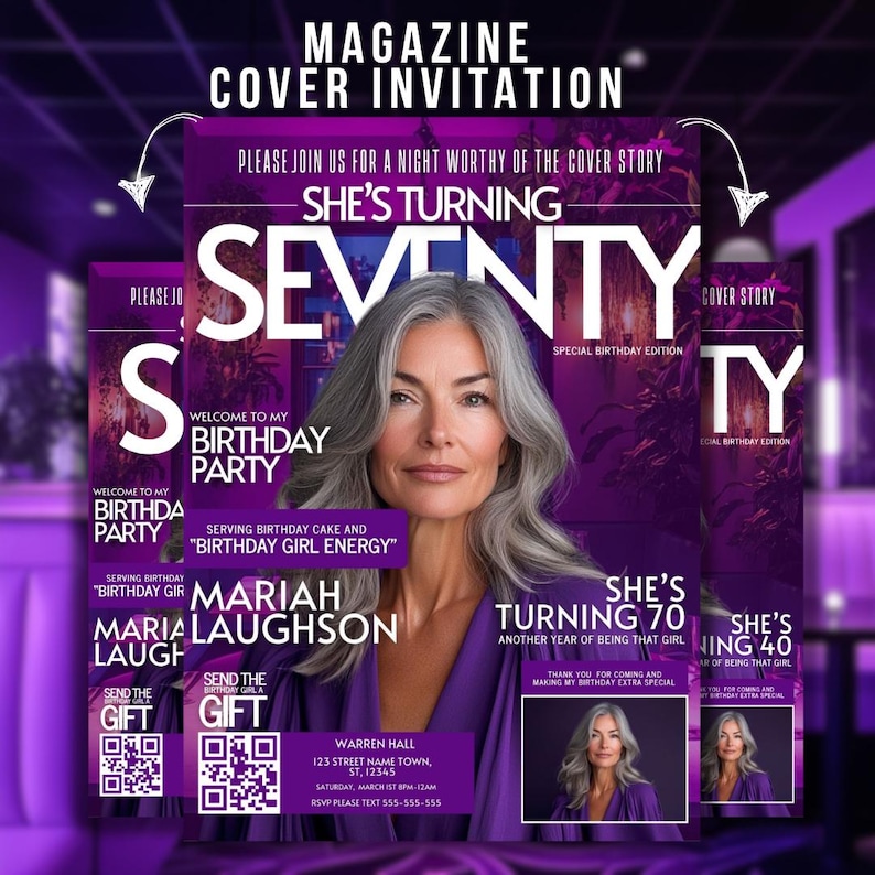Purple 70th Birthday Magazine Invitation for Women, Glam Magazine Party ...