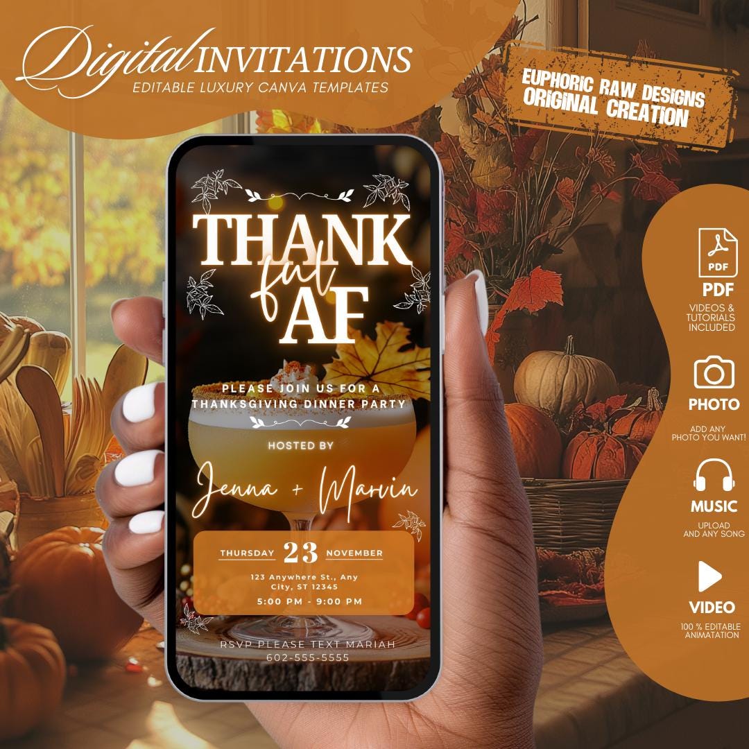 Digital Friendsgiving Dinner Invitation, Thankful AF Fall Pumpkin Party ...