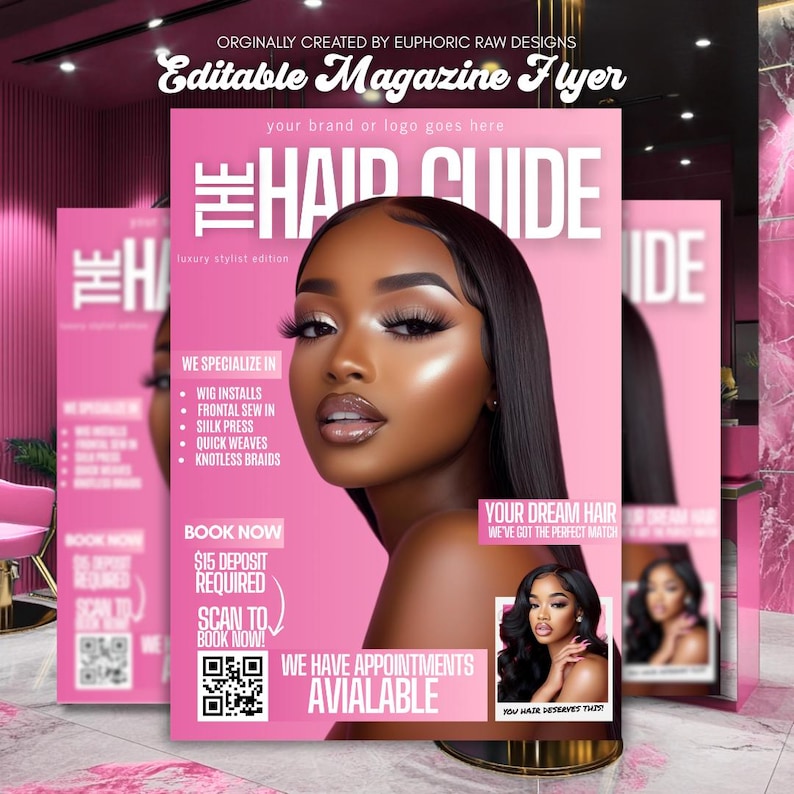 Digital Hair Magazine Cover Booking Flyer, DIY Canva Template, Pink ...