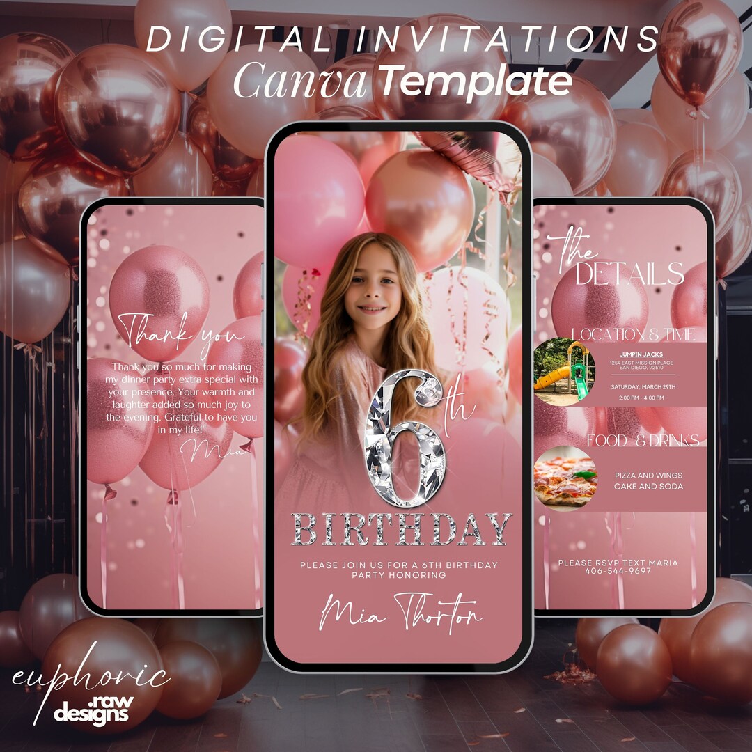 6th Birthday Digital Invitation, Rose Gold & Neon Pink Glitter Template ...