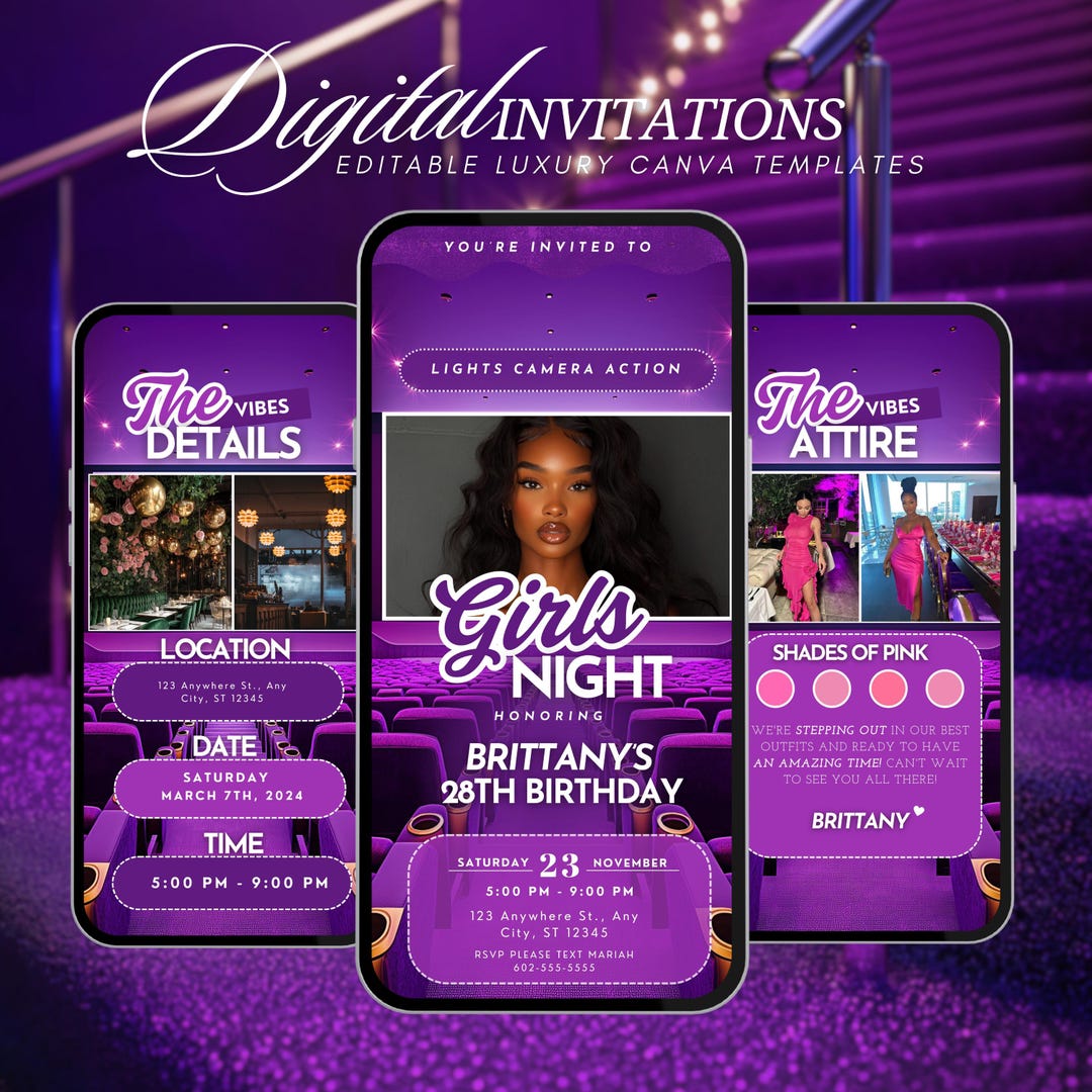 Purple Girl's Night Invitation, Ladies Night Dinner Invite, Editable ...