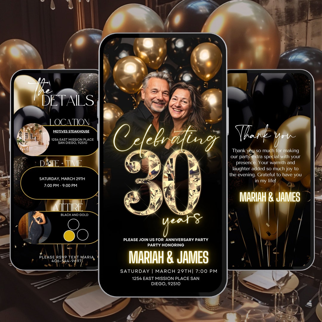 30th Anniversary Invitation, Party Itinerary, Black Gold Template ...