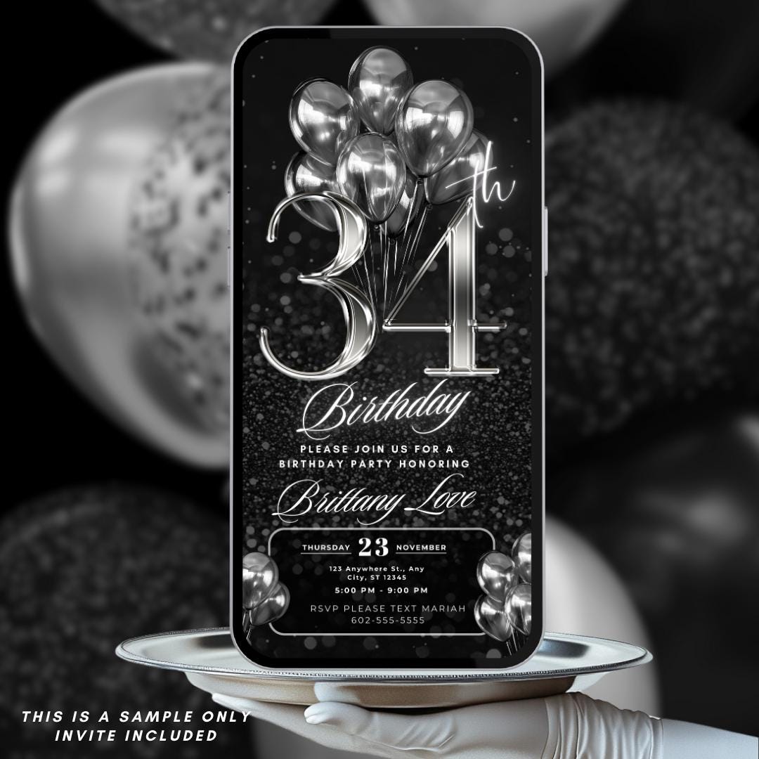 Digital 34th Birthday Party Invitation, Men Black Silver 34th Dinner ...