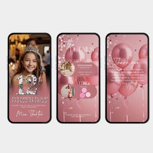 12th Birthday Invitation, Pink Neon, Princess, Girl Electronic Invite ...