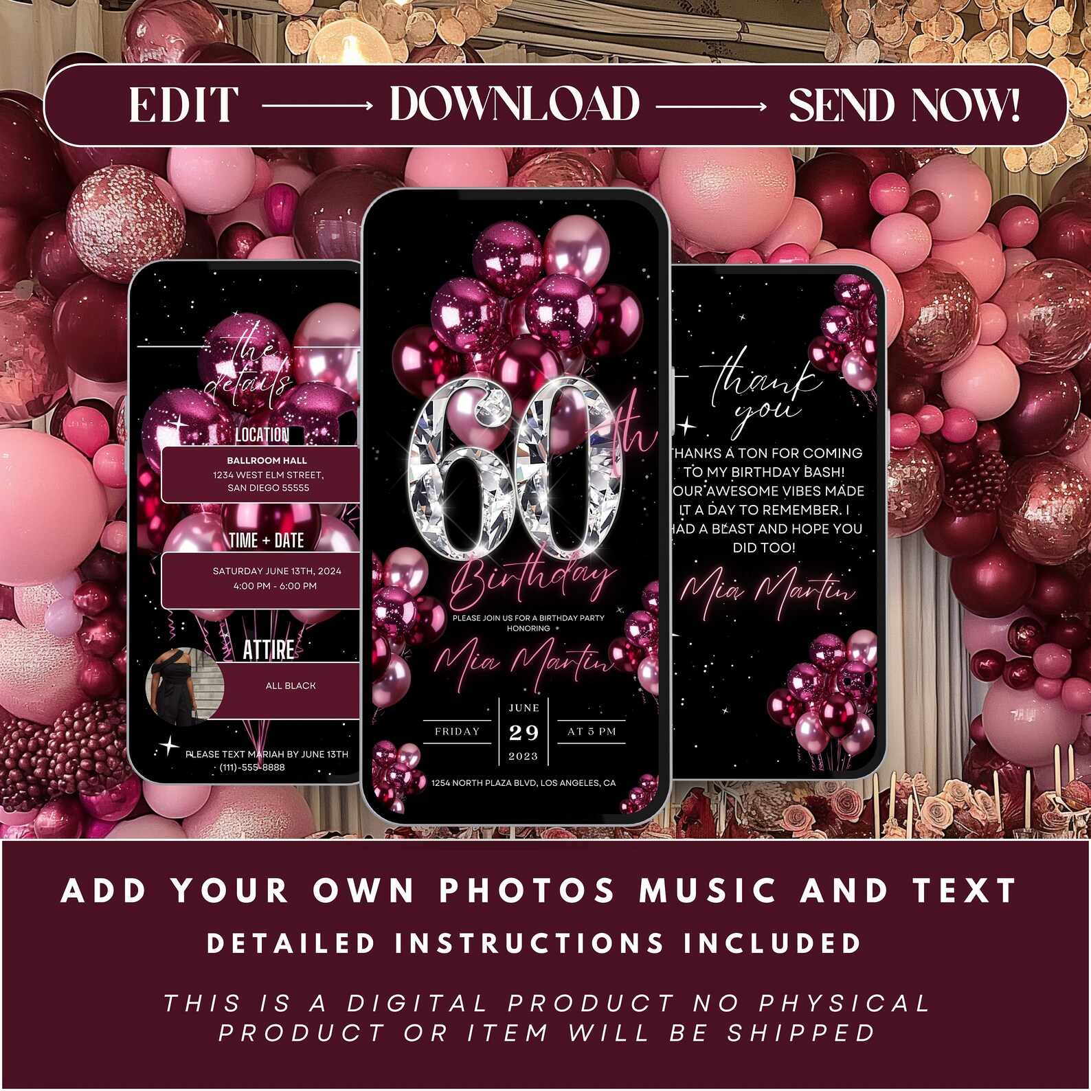 60th Birthday Party Invitation, Maroon Pink Balloons Digital 60th Glam ...