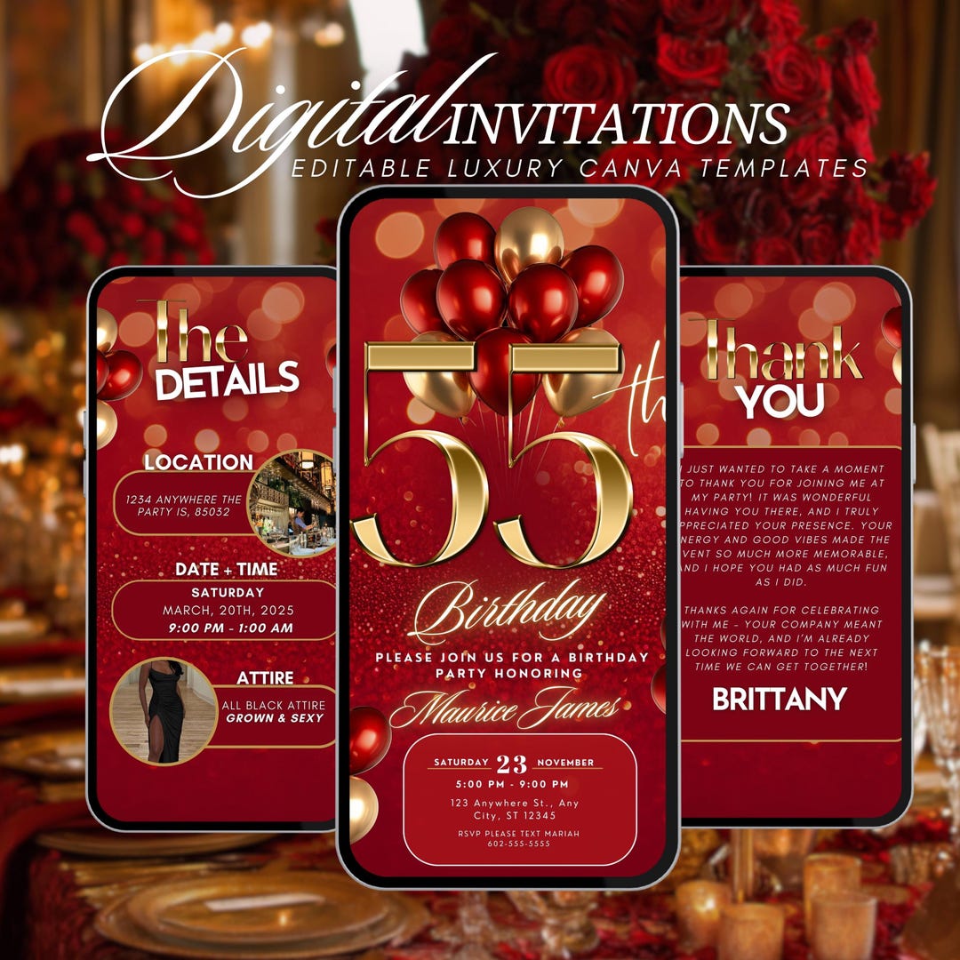 Elegant 55th Birthday Invitation, 55th Red Gold Balloons Video Invite ...